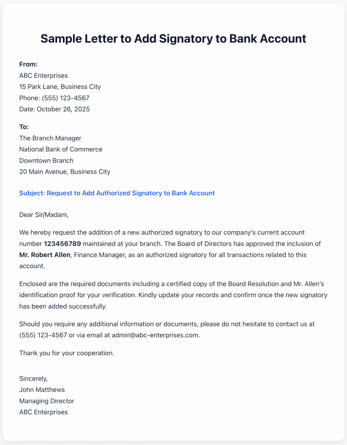 3 Sample Letters to Add Signatory to Bank Account